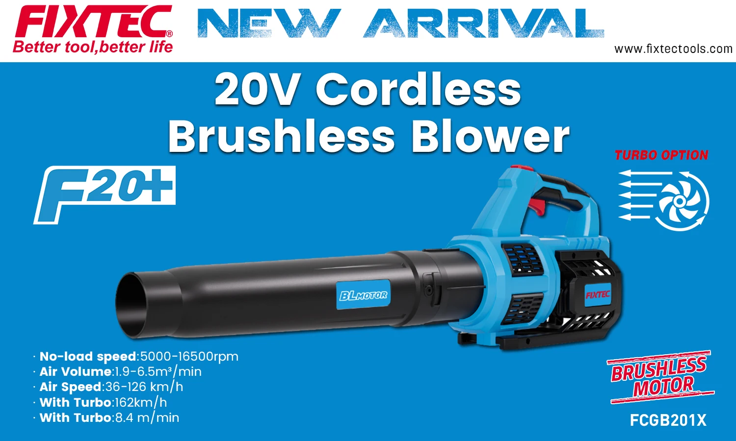 FIXTEC 20V Cordless Brushless Leaf Blower - 5000-16500rpm
