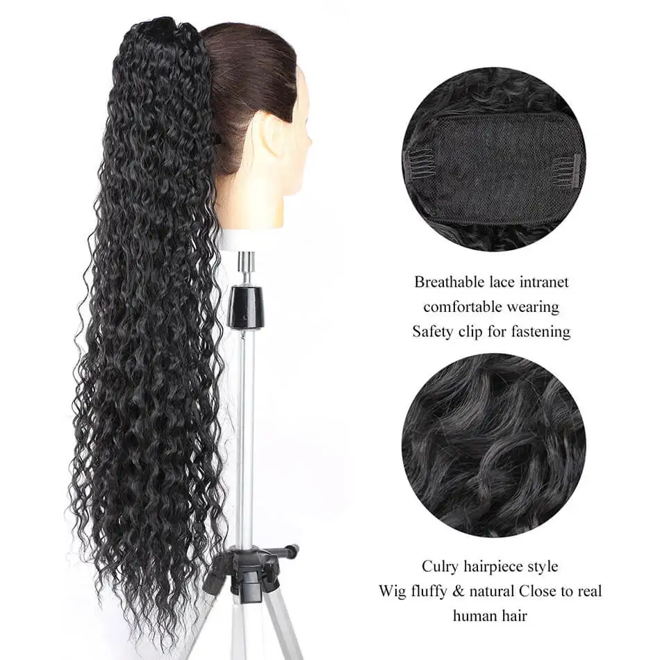 26" Long Wavy Drawstring Ponytail For Black Women Natural Soft Clip In ...