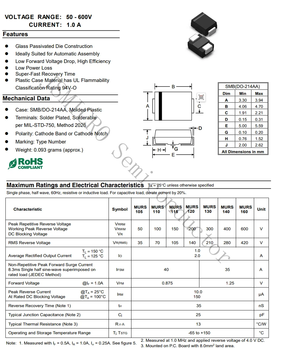 Surface Mount Ultrafast Power Rectifiers Diodes Murs120t3g - Buy Electronic Component Power ...