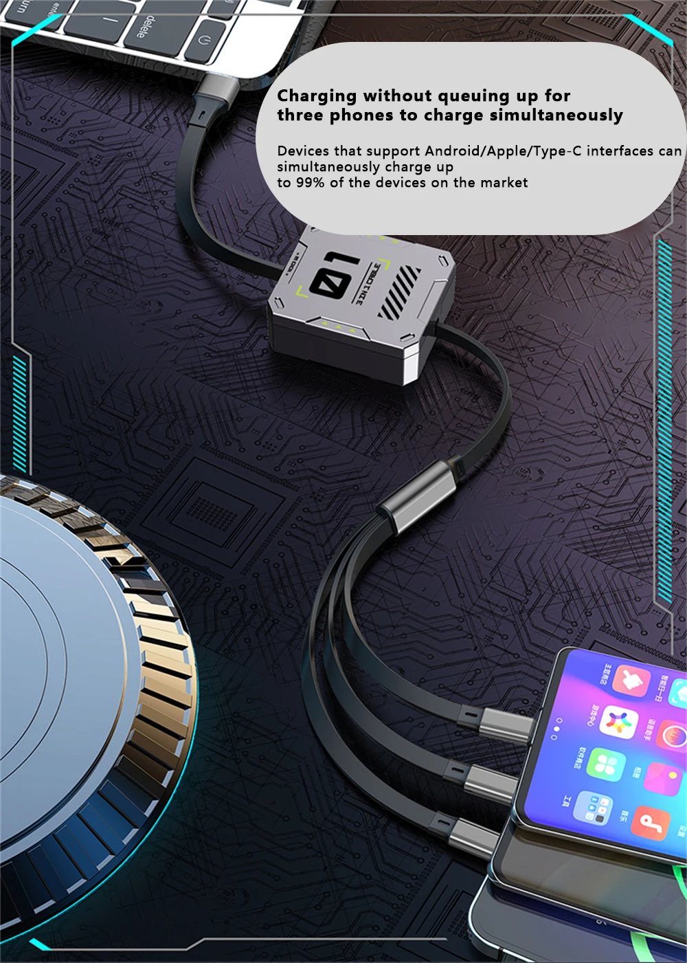 Retractable Portable 3 In 1 Type-c Smart Micro Usb Type C 6a 100w Fast ...