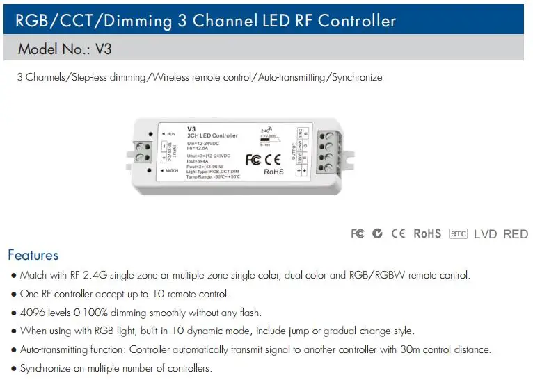 Skydance V3 RGB CCT Dimming LED Receiver - 3 Channel Control
