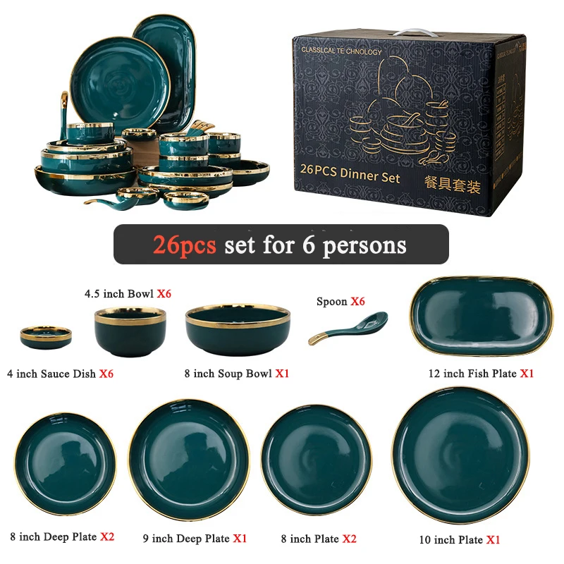 Luxury Green Food Plate Set Salad Soup Bowl Plate Set Ceramic Dinner ...