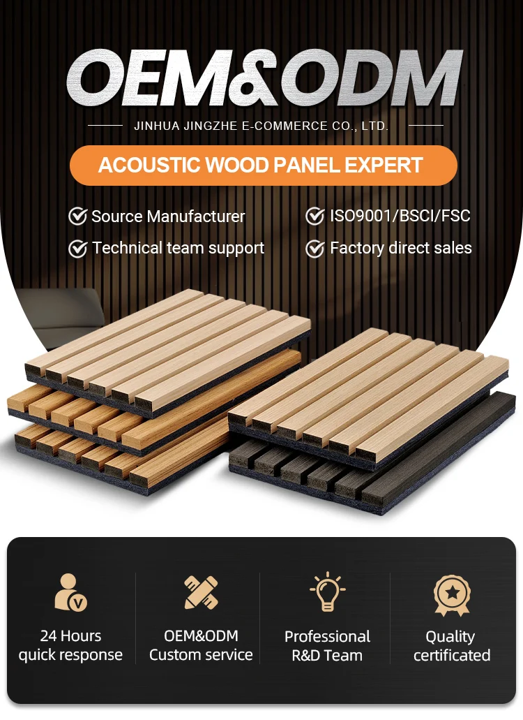 Acoustic Slat Wood Wall Panels - Polyester Fiber Walnut Color