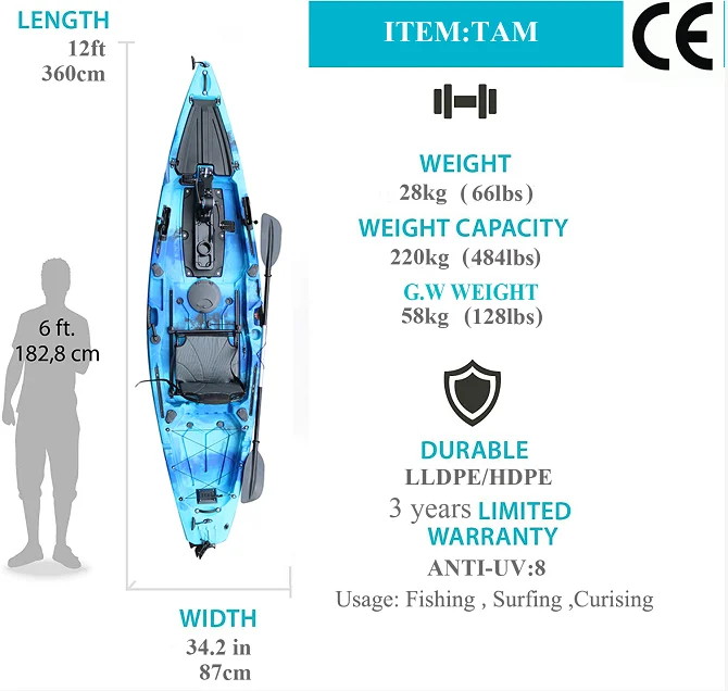 Fishing Kayak 12ft - Enjoy Foot Pedal Drive & HDPE Build