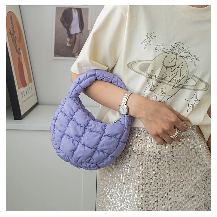 Custom Trendy Quilted Moon Bag Mini Padded Puffy Hand Bag Soft Nylon ...
