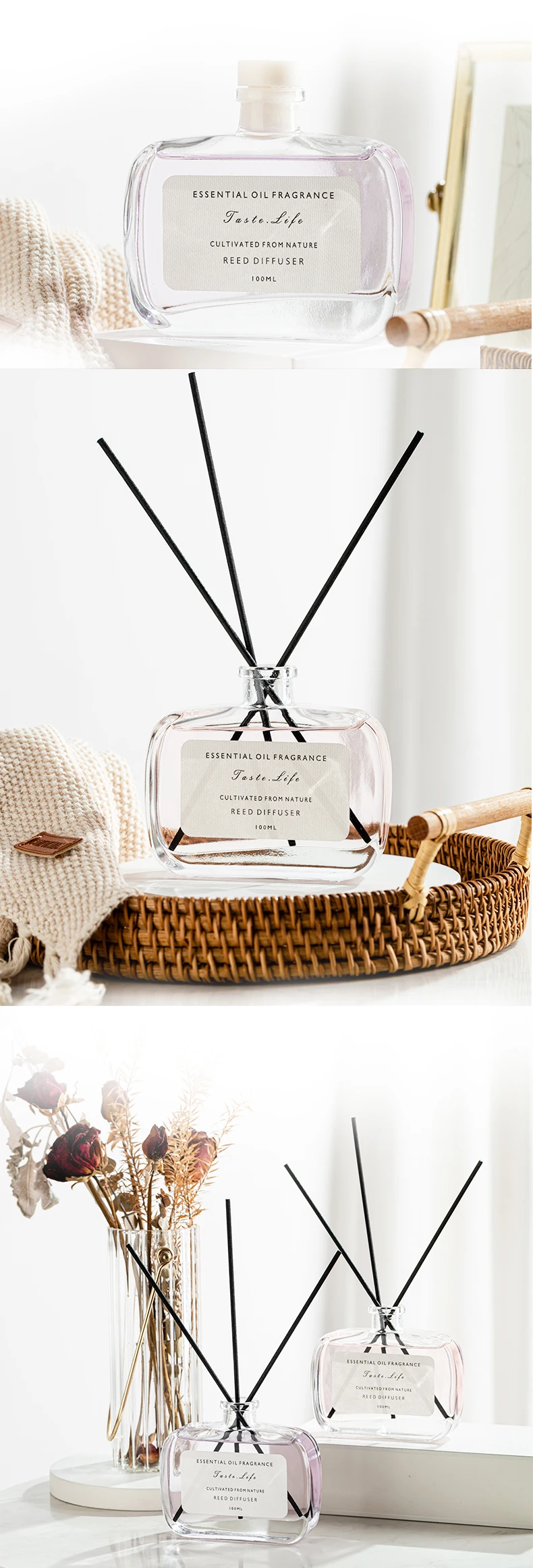 Luxury Rattan Natural Aroma Essential Oil Custom Square Reed Diffuser Bottles 100ml Reed ...