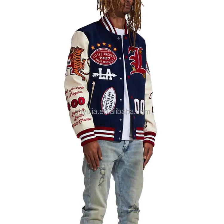 Custom Logo Giacca Baseball Leather Sleeves Embroidery