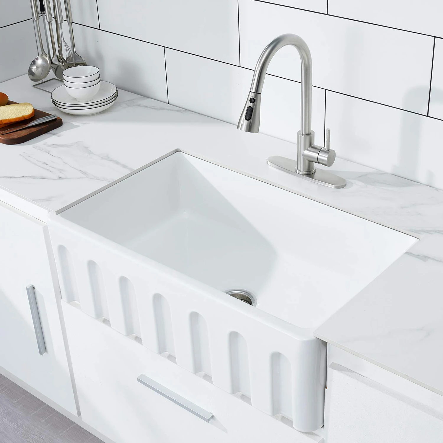 Modern White Color Farmhouse Sink Deep Porcelain Apron Kitchen Sink 30 ...