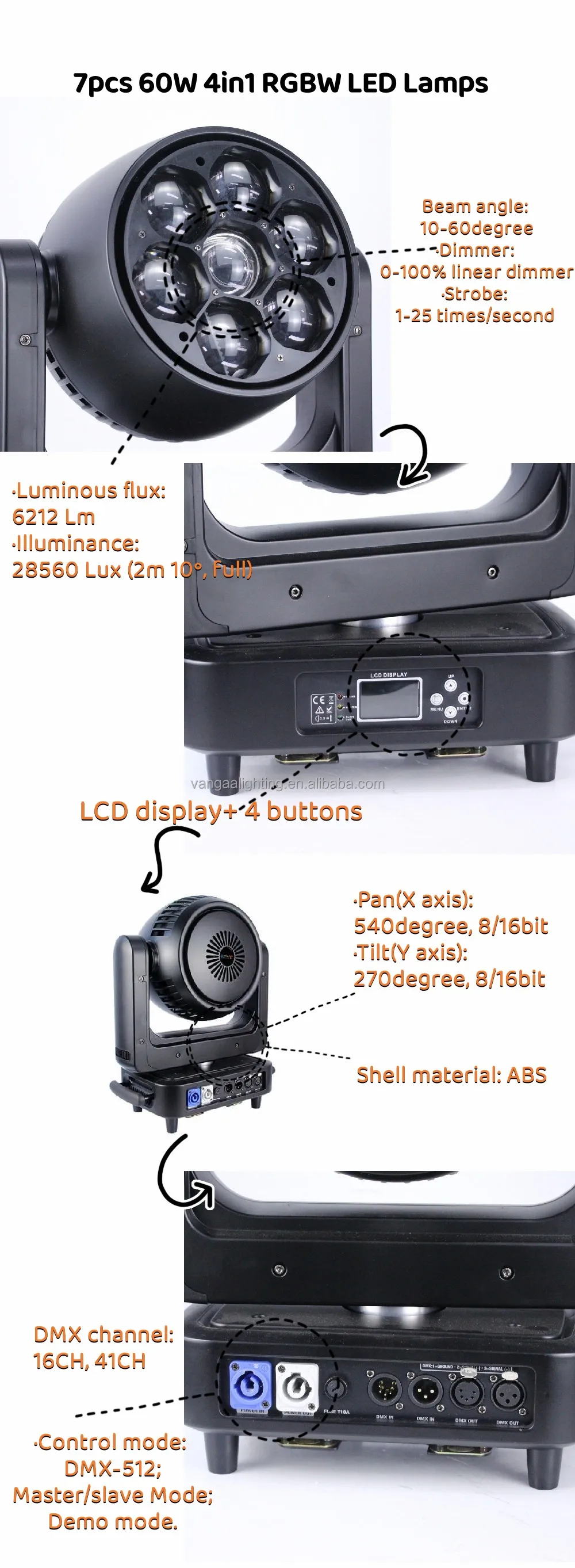 Dj Beam Light 7*60w Rgbw Led Beam Moving Head Light Dj Disco Lighting Equipment Professional ...