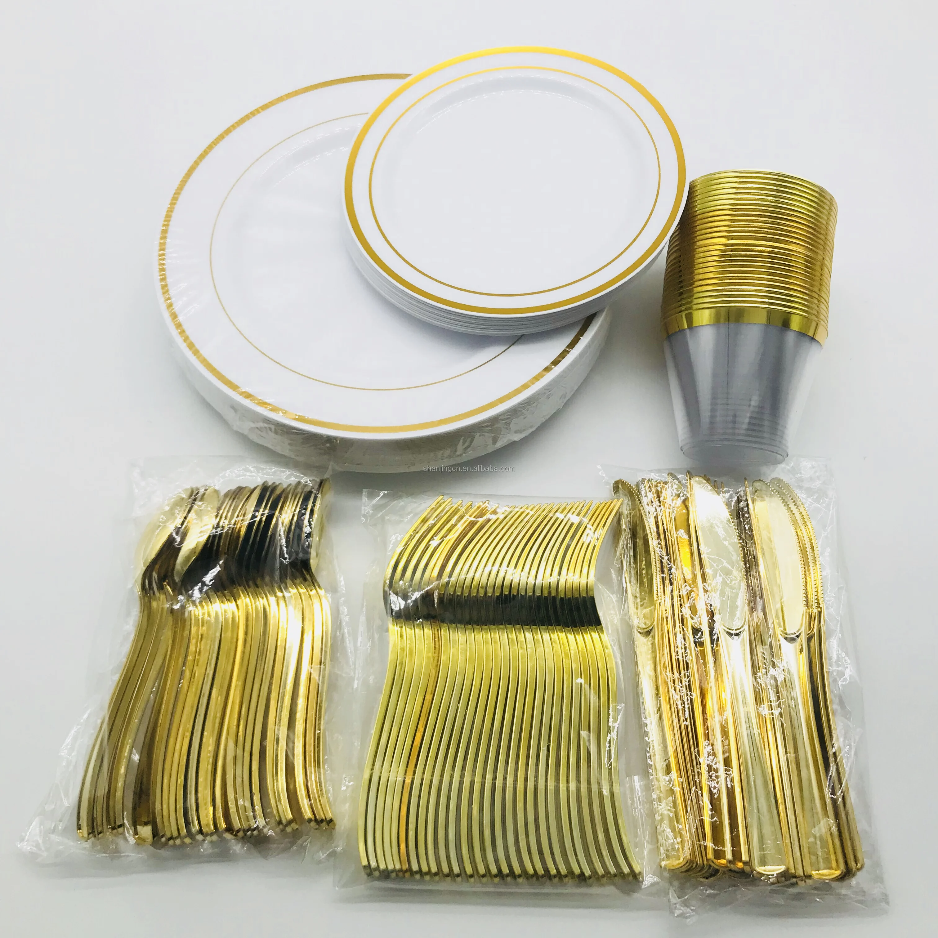 175 Piece Gold Dinnerware Set 25 Guest-50 Gold Rim Plastic Plates-75 ...