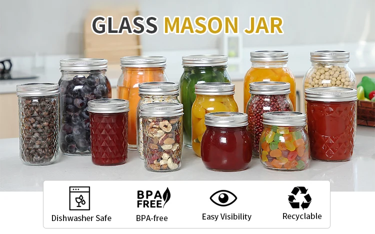4oz 8oz 12oz 16oz 32oz 64oz Clear Wide Mouth Glass Mason Jar For Food ...