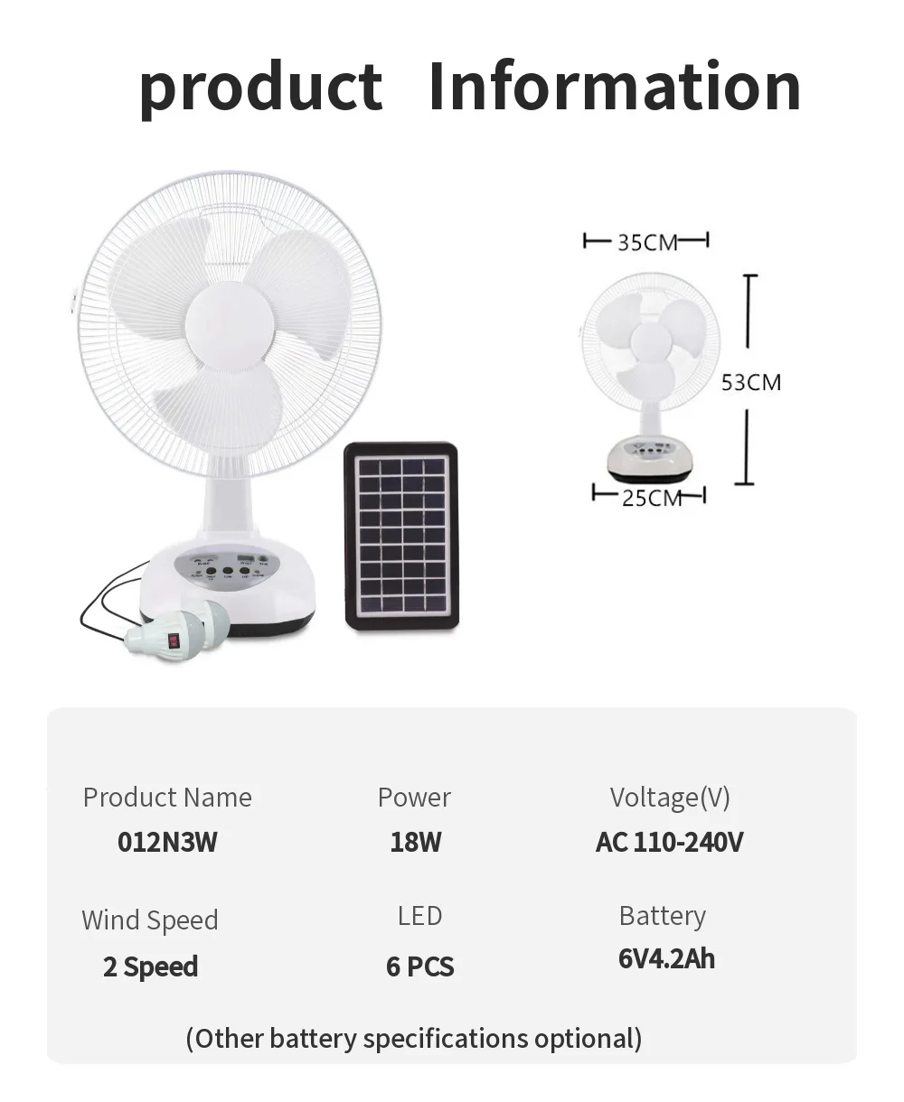 12 Inch Portable Rechargeable Table Fan with Solar Panel