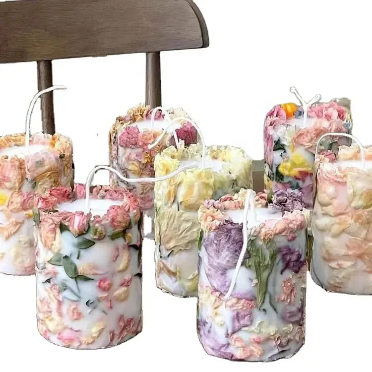 Romantic Handmade Dried Flower Pillar Scented Candles Rose Soy Wax Wedding Gifts Home Decor ...