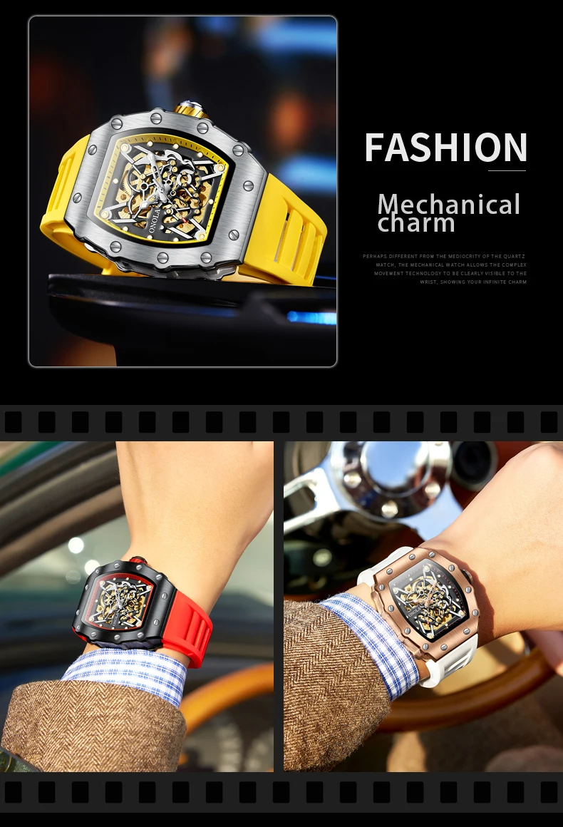ONOLA 3829 Luxury Tonneau Skeleton Mechanical Wristwatch