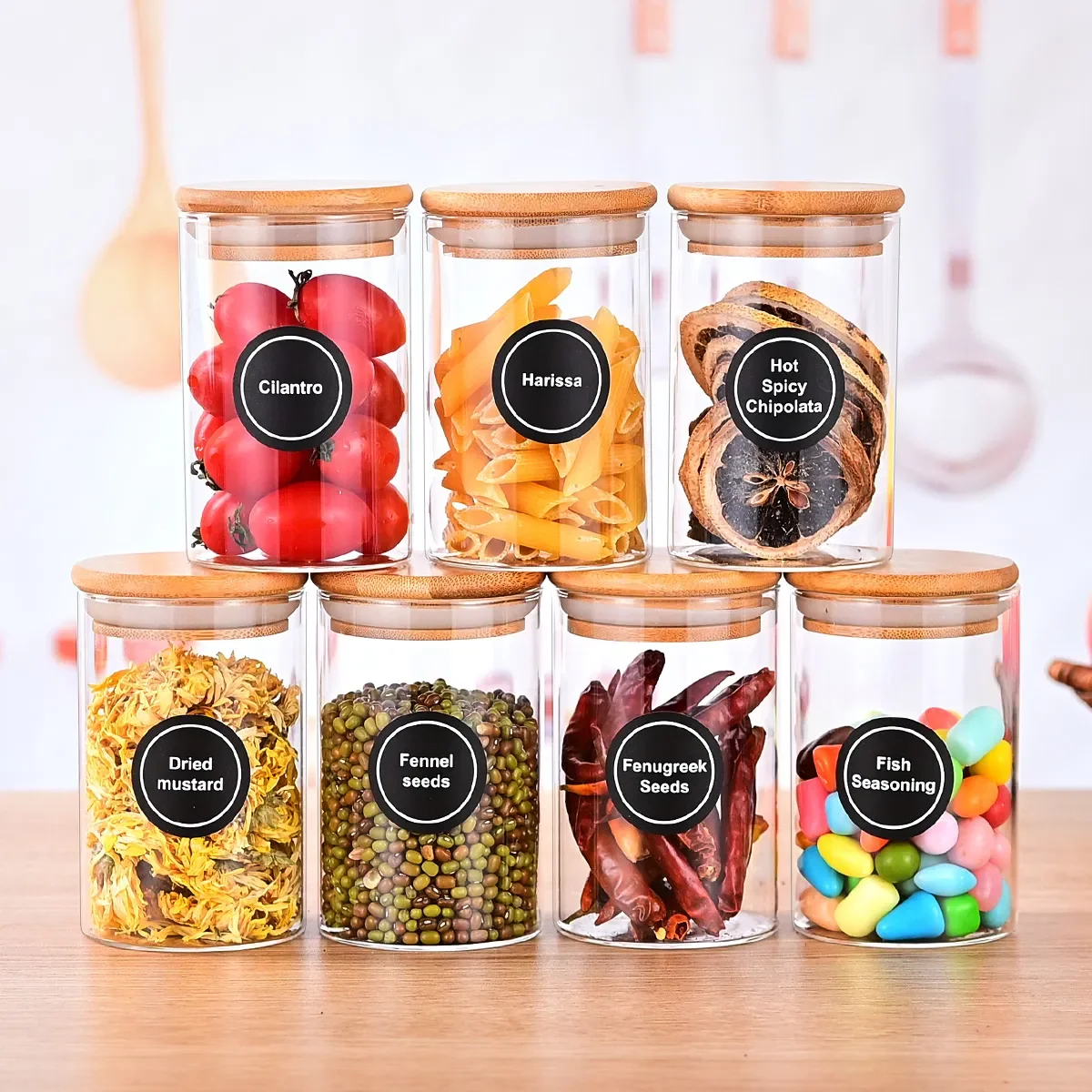LUMINA 12 Pcs Round Spice Jars with Bamboo Lids and Stickers Glass ...