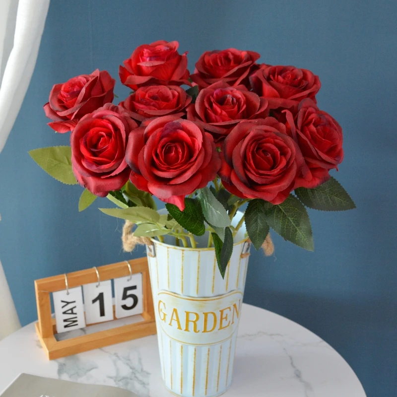 Artificial Flower Rose Realistic Single Stem Fake Silk Rose Bouquet For ...