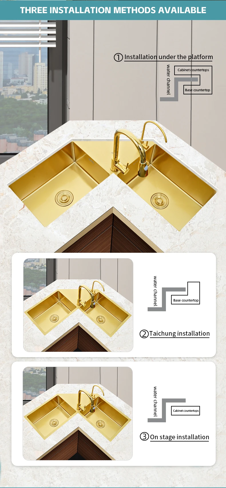 Nano Gold Corner Sink Large Size Double Kitchen Hand Operated Corner ...