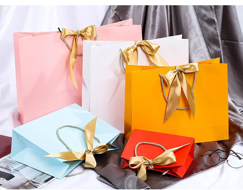 Custom Print Logo Elegant White Black Small Bow Gift Paper Bags Pink ...