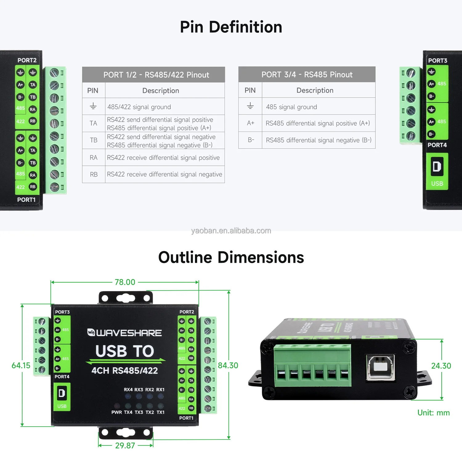 Waveshare Industrial Isolated Usb To Rs485/422 Converter,Original Ft4232hl Chip,Supports Usb To ...