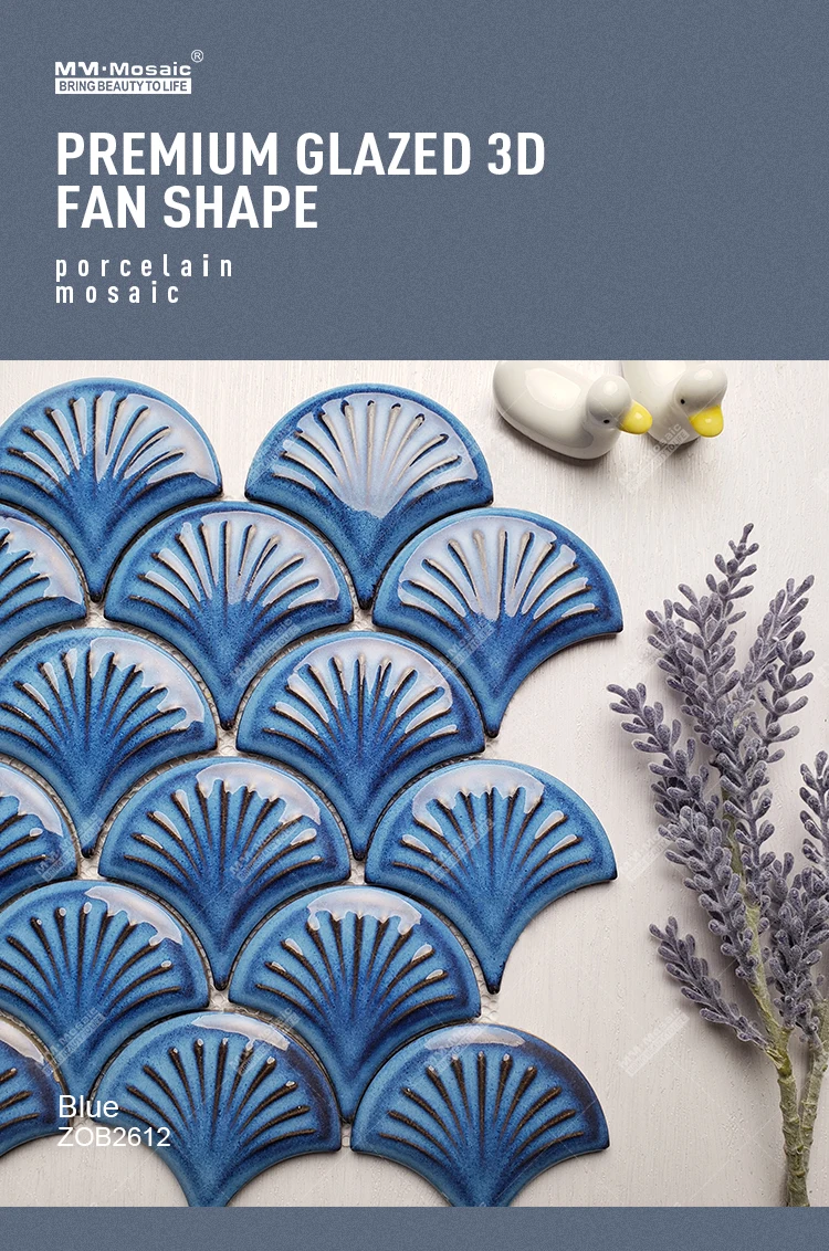 Foshan New Premium Fan Shaped Glazed Blue Mosaic Tiles
