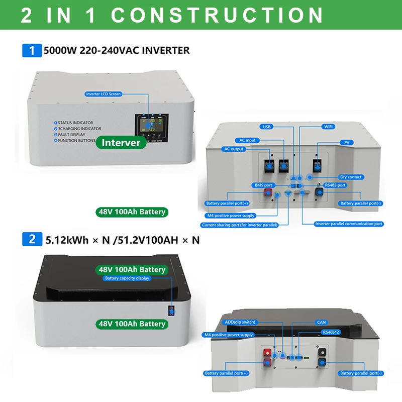 2 in 1 Home Solar Inverter & Stacked Lithium Battery 51.2V, 5Kwh-15Kwh ...