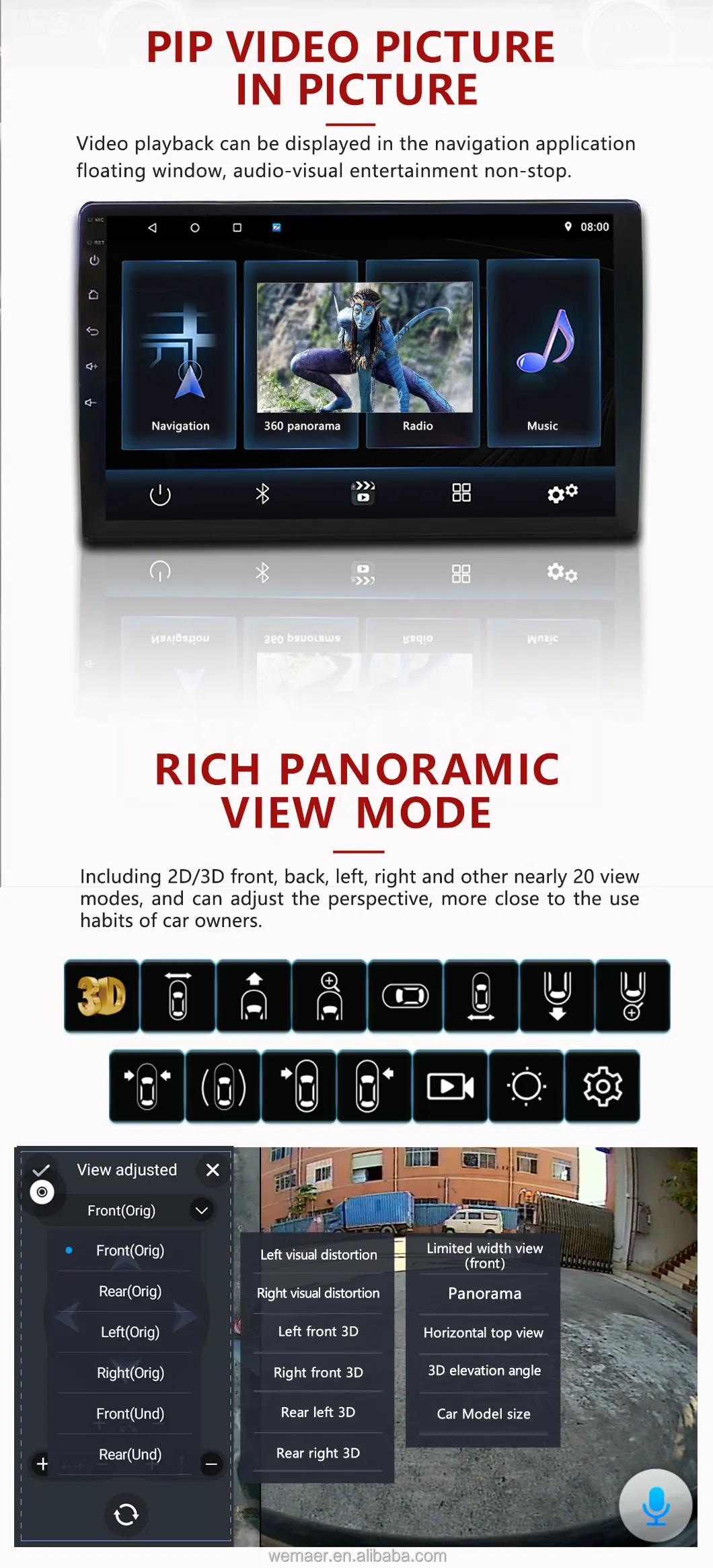 Universal 3D 360 Bird View Android Car Player GPS Navigation WiFi 10.1 ...