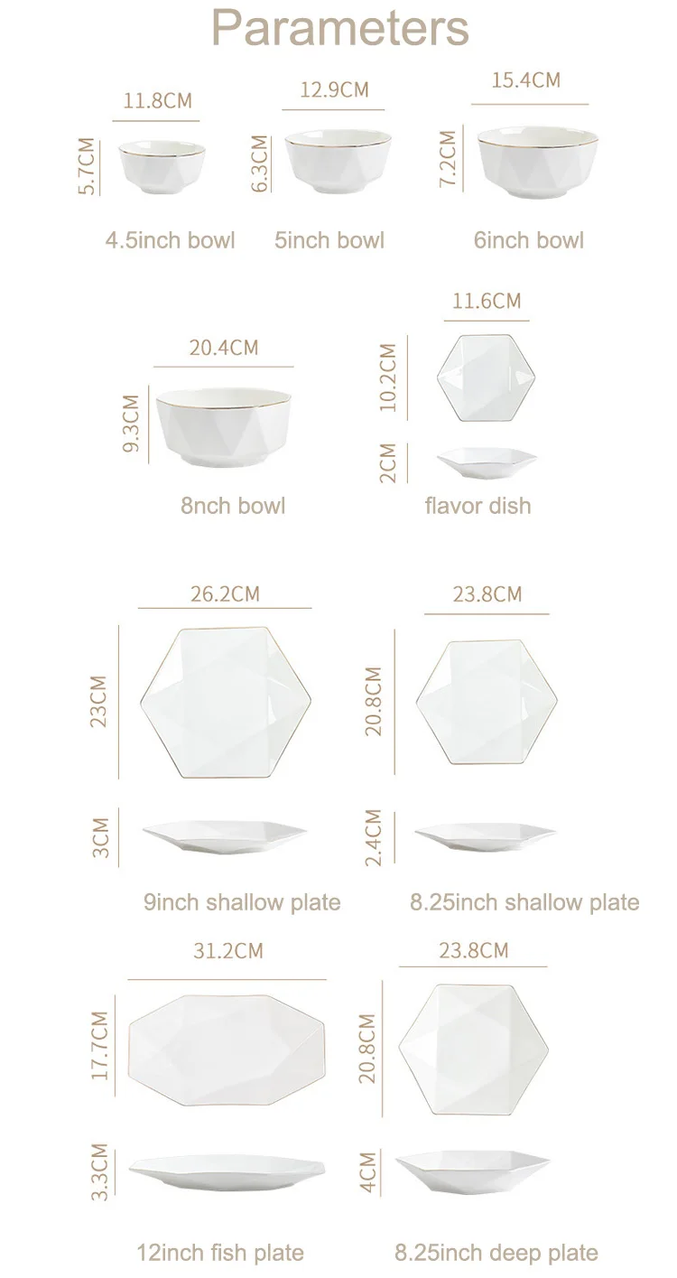 Simple Nordic Hexagonal Ceramic Plates and Bowls Set Luxury Gold Rim ...