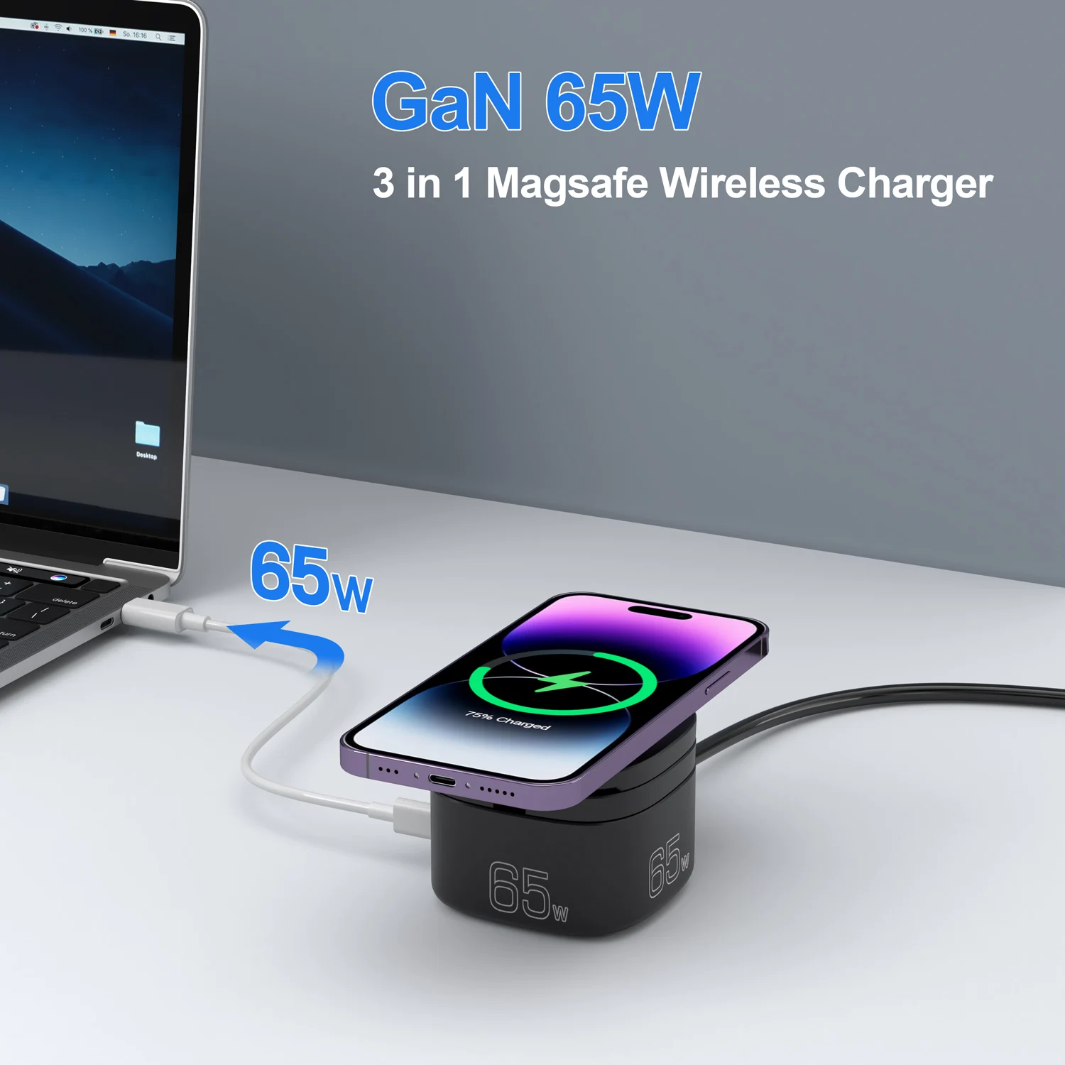 2025 New Gan 65W Multi - Device Wireless Charger 3in1 Wireless Charger ...