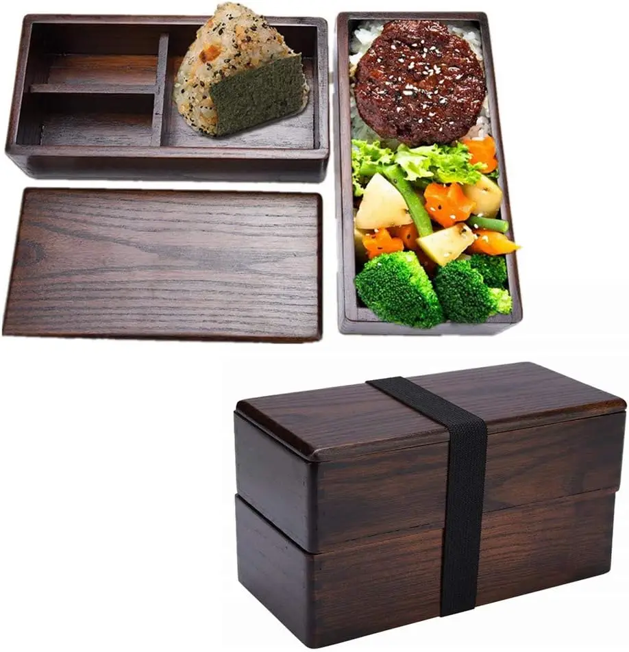 Japanese Traditional Square Wooden Lunch Box Double Layer Wooden Bento ...
