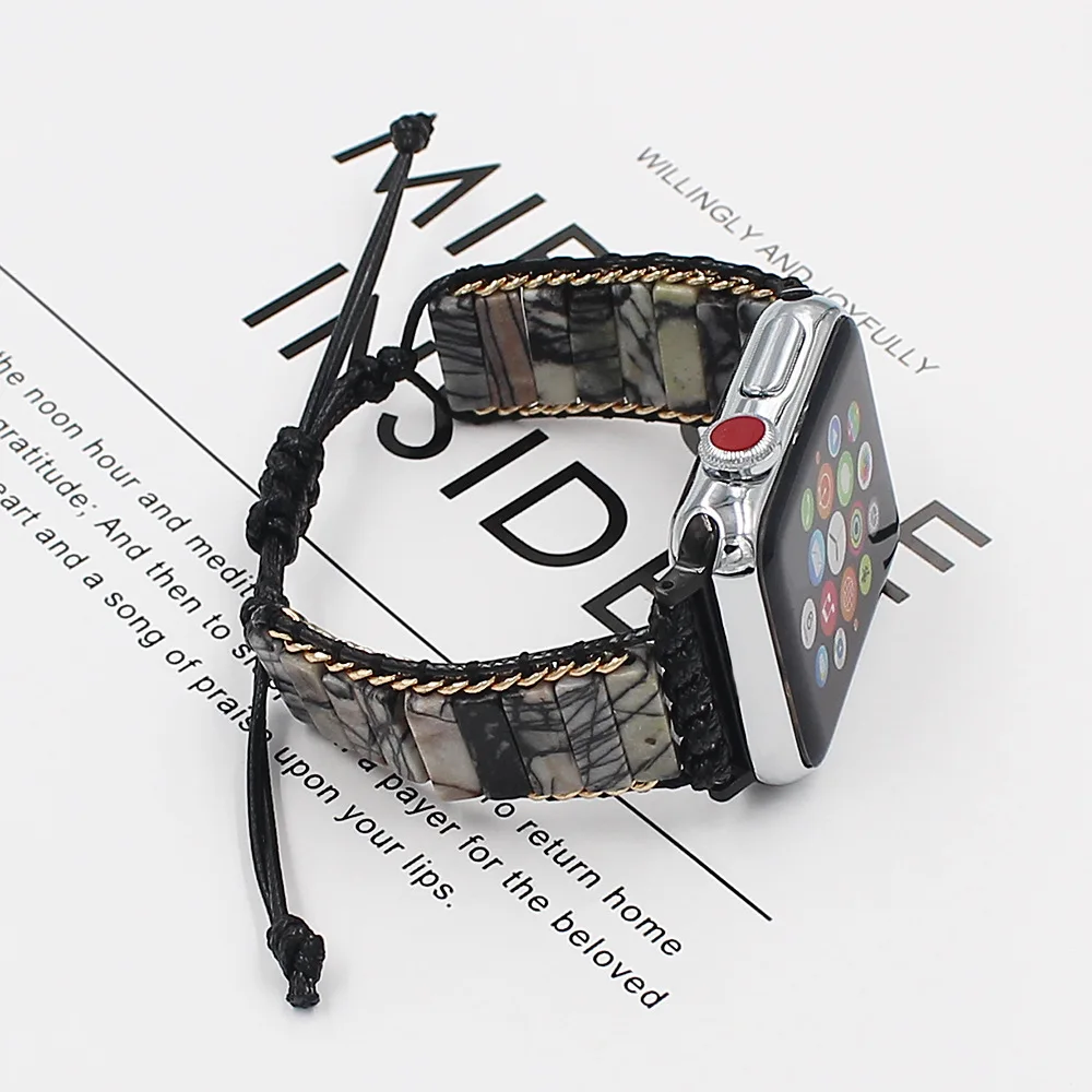 Natural Stone Watch Strap Chain 38mm/45mm Vegan Beaded Weave Band ...