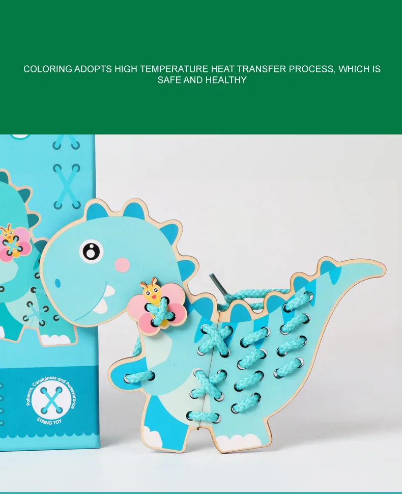 Kids Wooden Cartoon Animal Dinosaur Lacing Montessori Toy Wooden ...