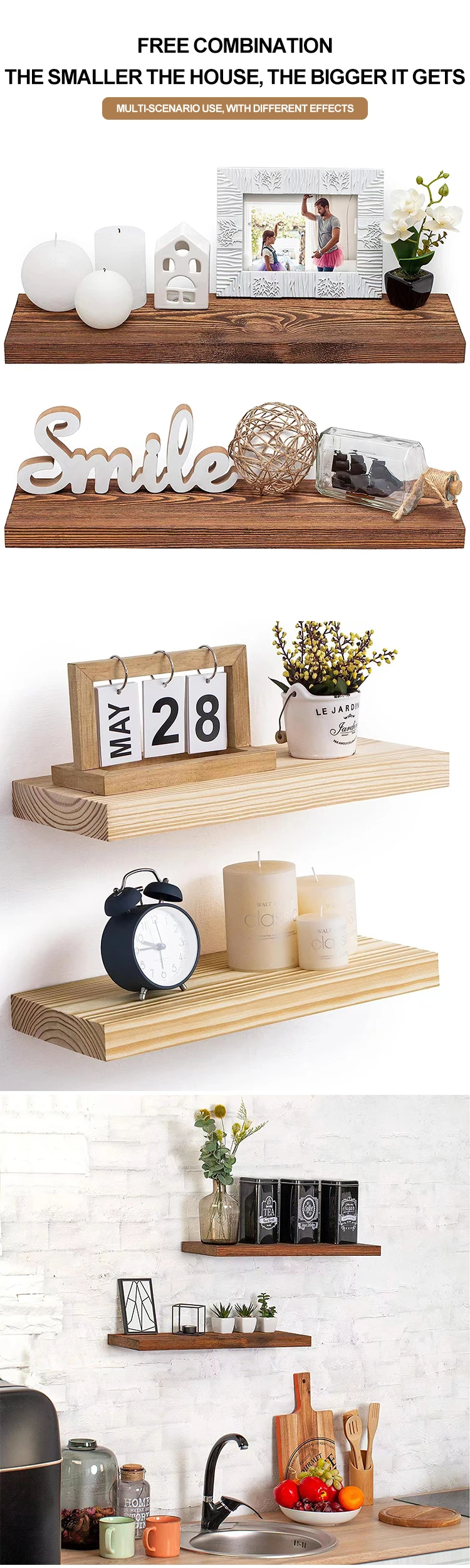 Rustic Farmhouse Wood Floating Shelves Wall Mounted Wooden Wall Storage ...