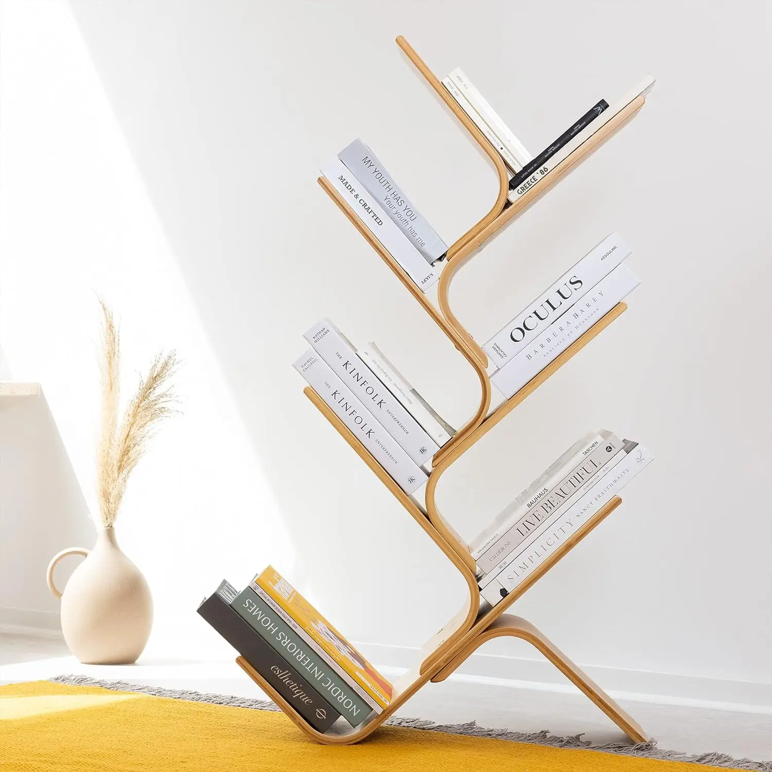 Curved Tree Bookshelf - Bent Bamboo Bookcase with 6 Shelves