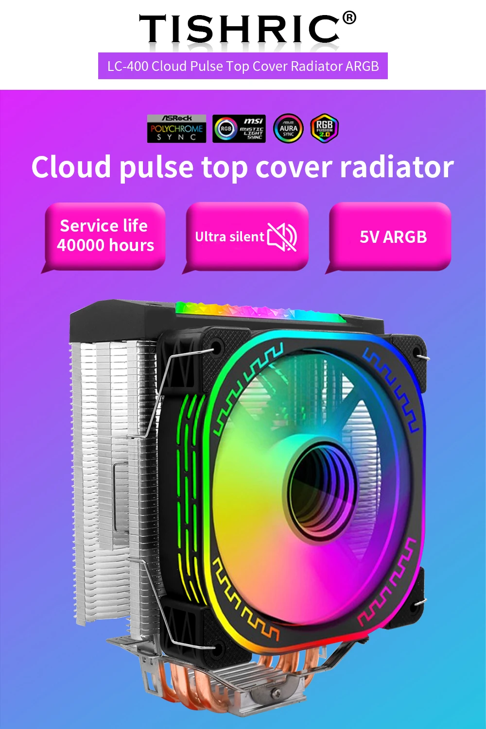 TISHRIC 120mm ARGB CPU Cooler Fan 4 Heat Pipe 4Pin PWM Intel LGA2011 ...