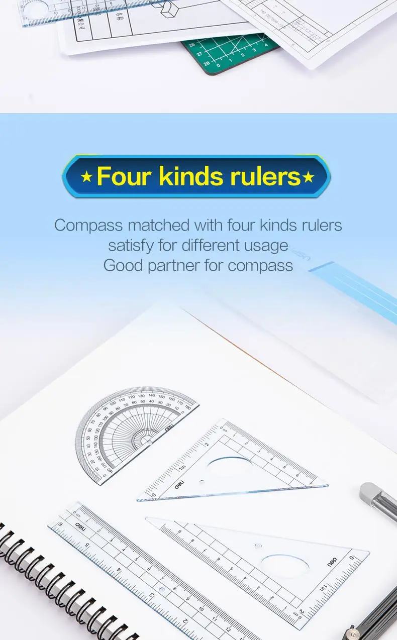 Deli E9609 6-Piece School Drafting Set - Transparent Ruler, Protractor ...
