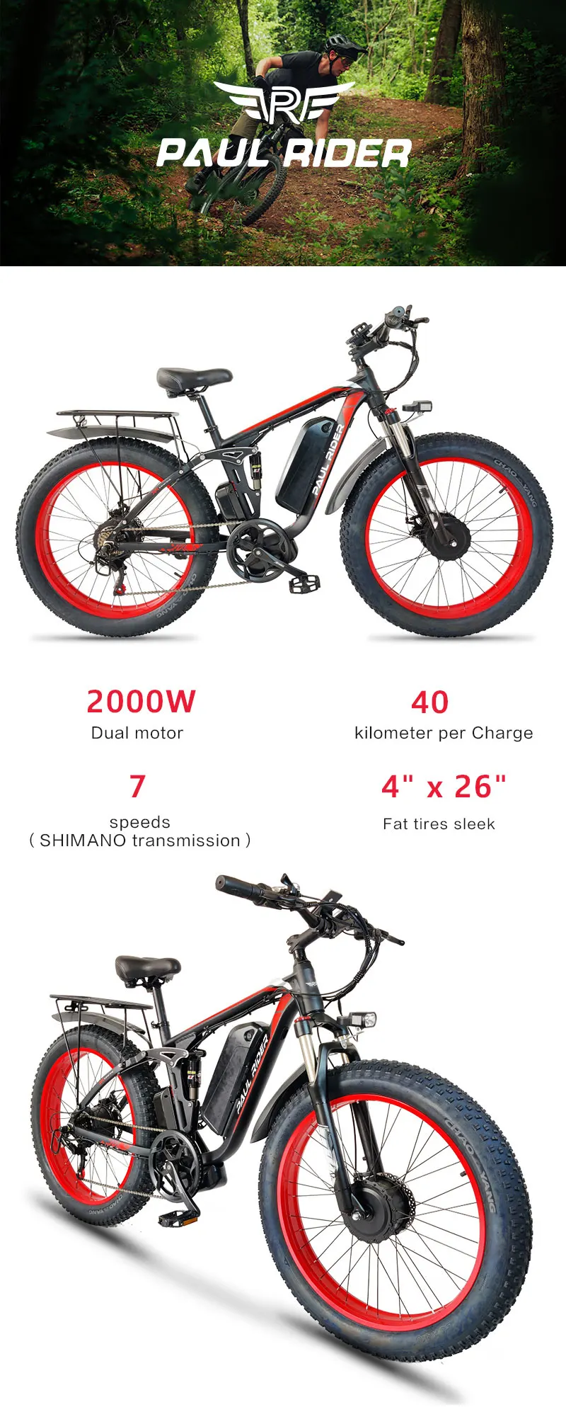 48V 2000W Dual Motor Ebike - Full Suspension Mountain Bike