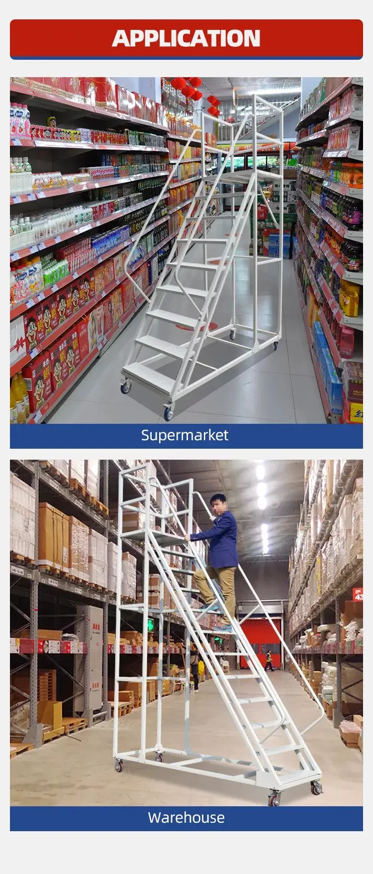 Warehouse Steel Safety Rolling Mobile Platform Ladder