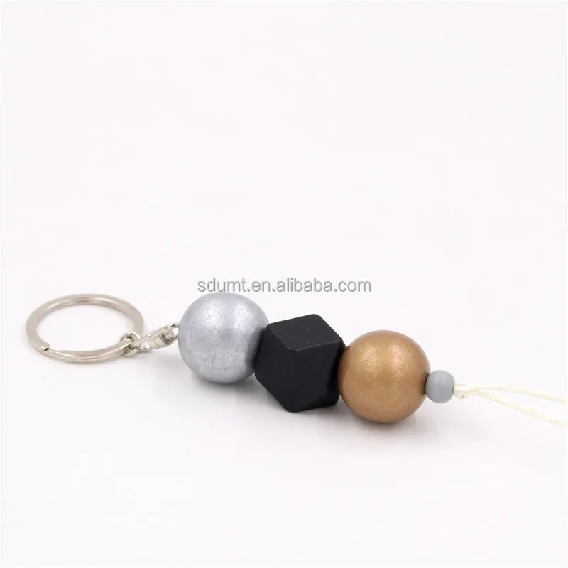New Multicolor Geometric Girls Round Wood Beads Keychain For Bag - Buy ...