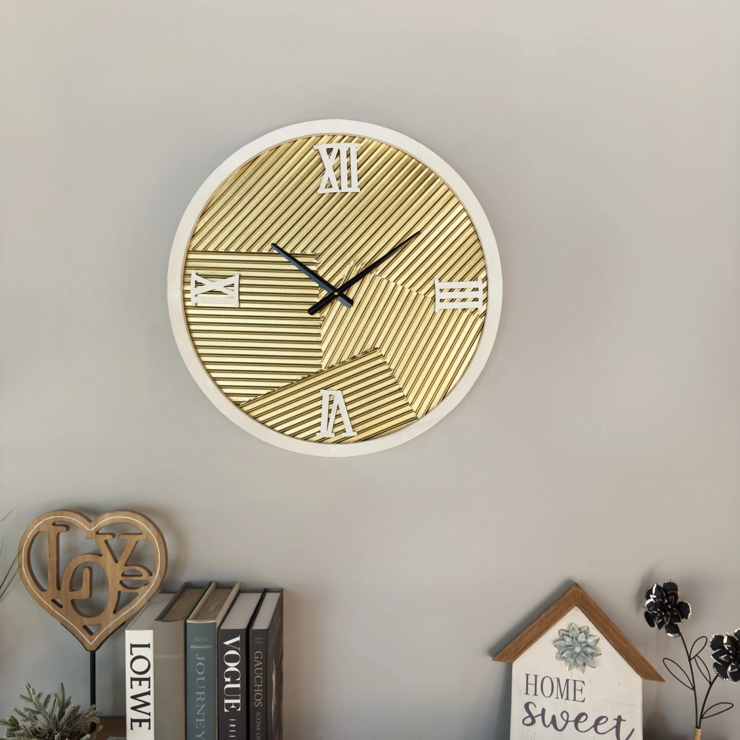 New White Frame Round Gold Iron Home Decoration Clock Item Living Room ...