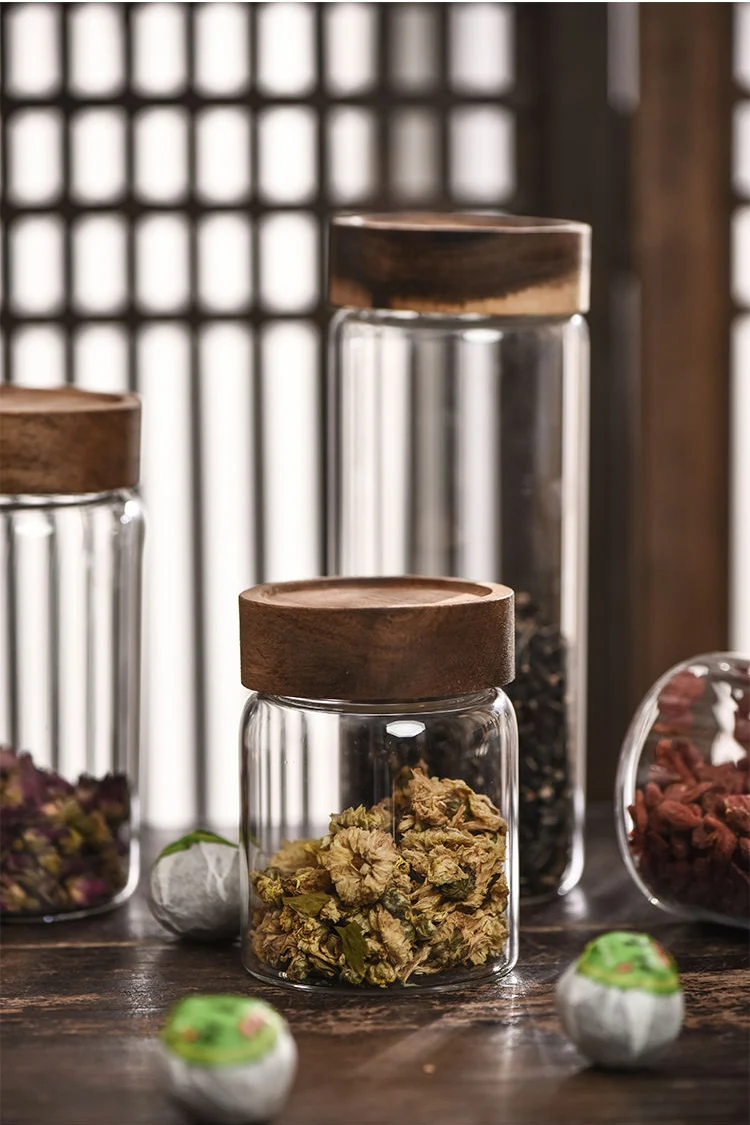Thread Type Borosilicate Glass Storage Jars With Airtight Acacia Wooden ...