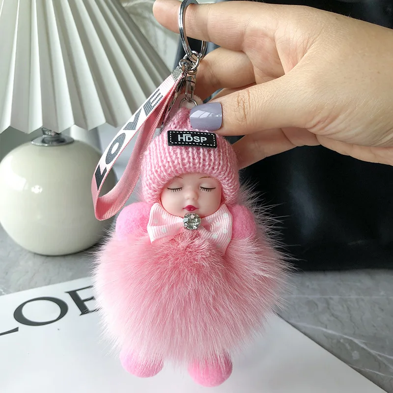 Sweet Cute Sleeping Baby Doll Keychain - Fluffy Plush Rabbit Fur Ball ...