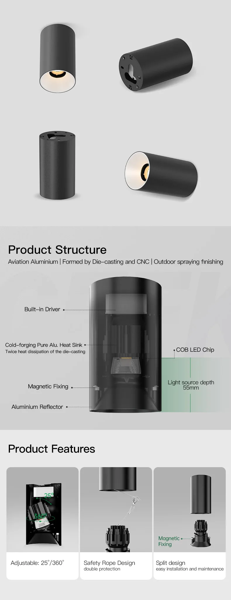 Xrzlux Surface Mounted Cylinder Spotlights 10w Cob Led Downlight ...