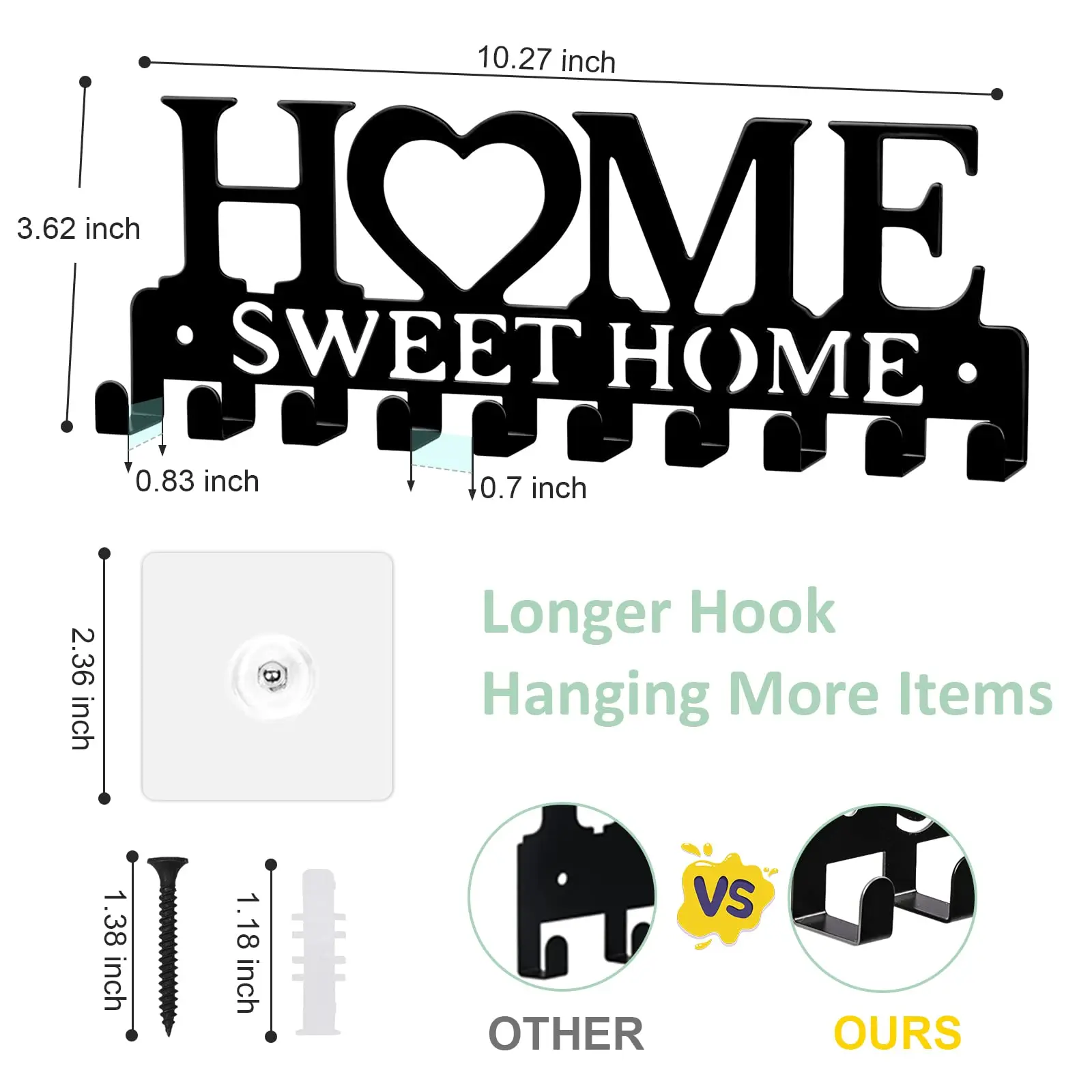 Front Door Entryway Kitchen Office Wall Mounted Black Metal Key Holder ...