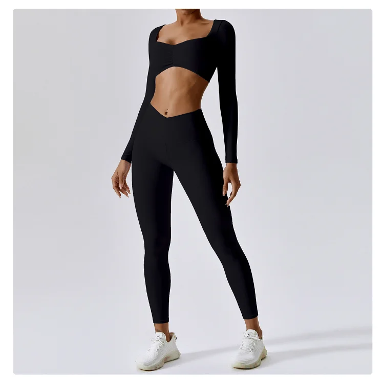 Custom Womens Two Piece Activewear Set Long Sleeve Crop Top V Waist ...