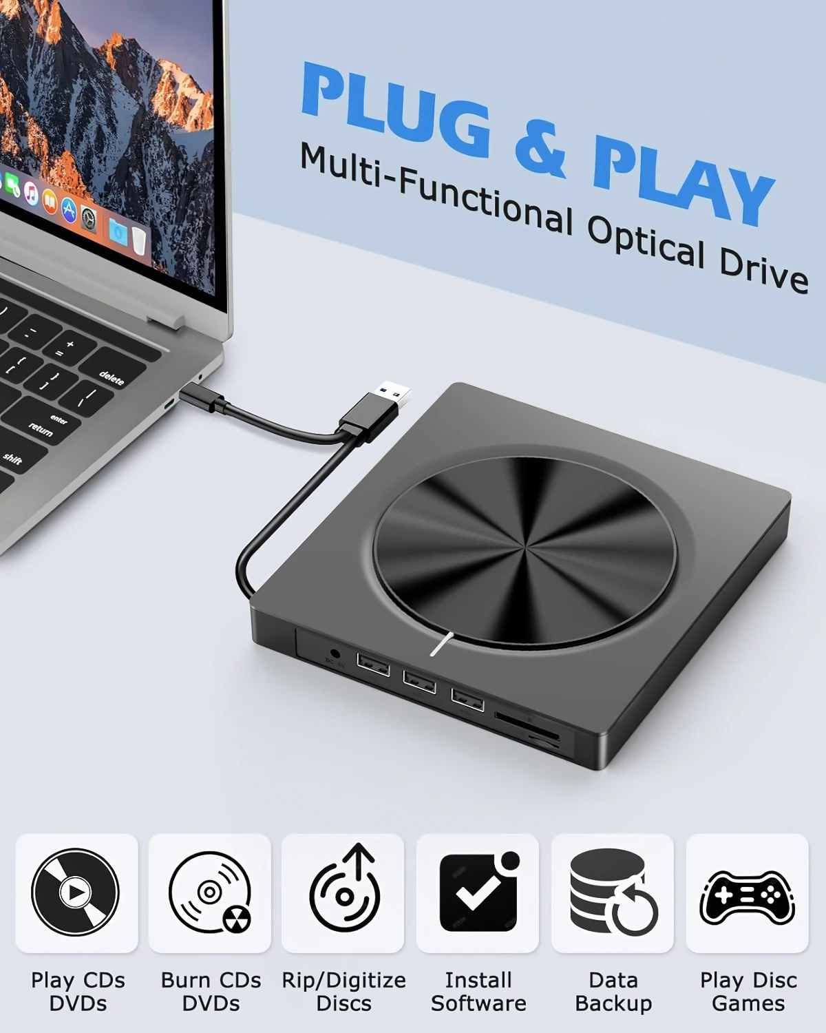 7-in-1 EDD30 V2 External DVD Drive Type-C+USB3.0 Optical CD-RW DVD-RW ...