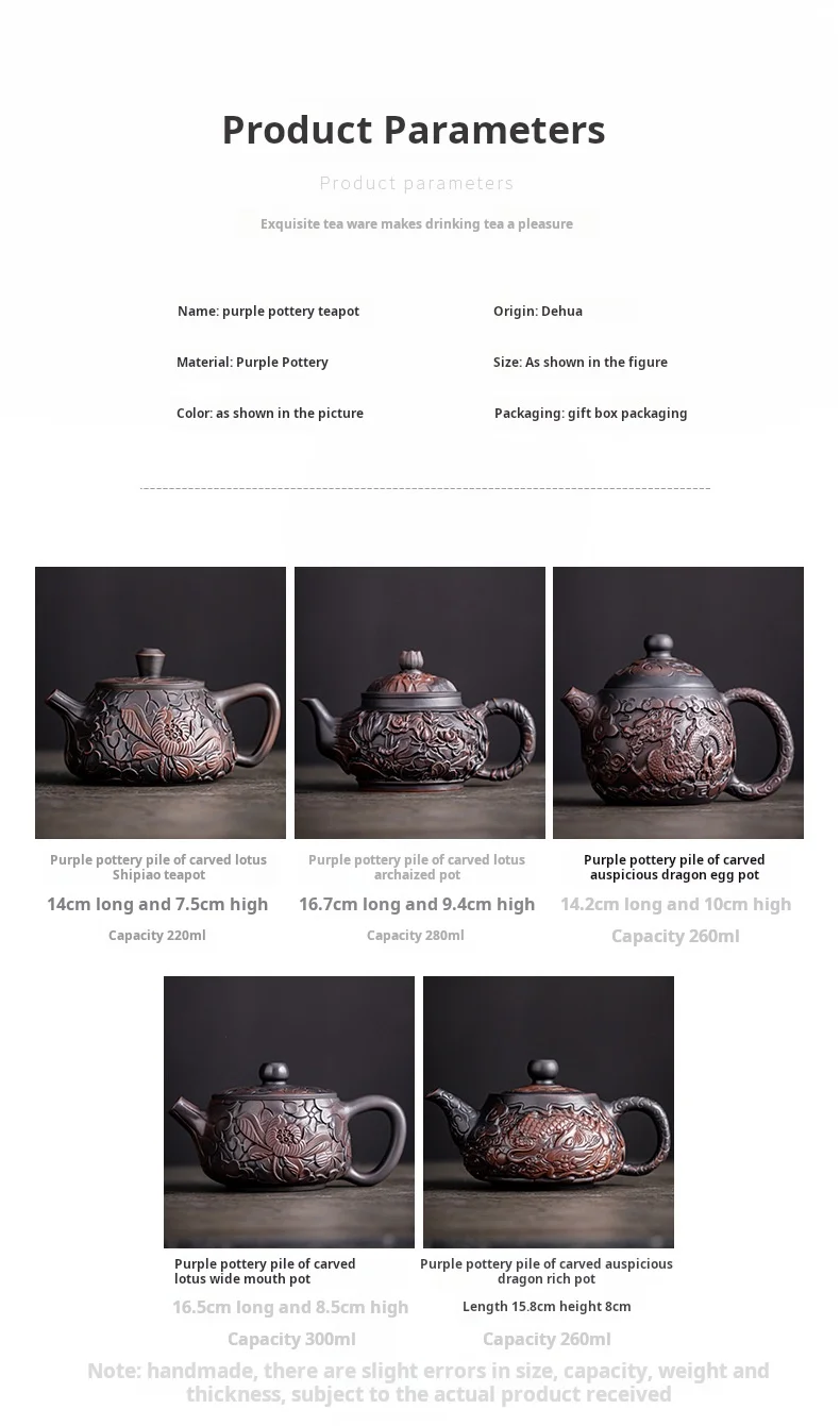 Handmade Purple Clay Pottery Teapot with Xianglong Carving