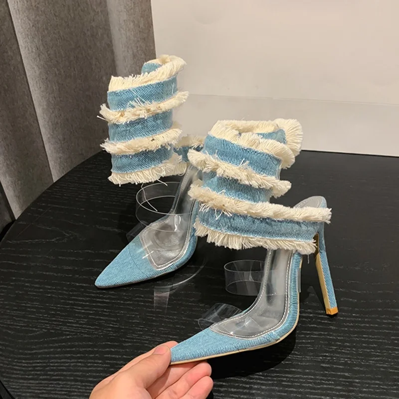 Wholesale Denim Ankle Cross Straps Women's Stiletto PVC High Heels Sexy ...