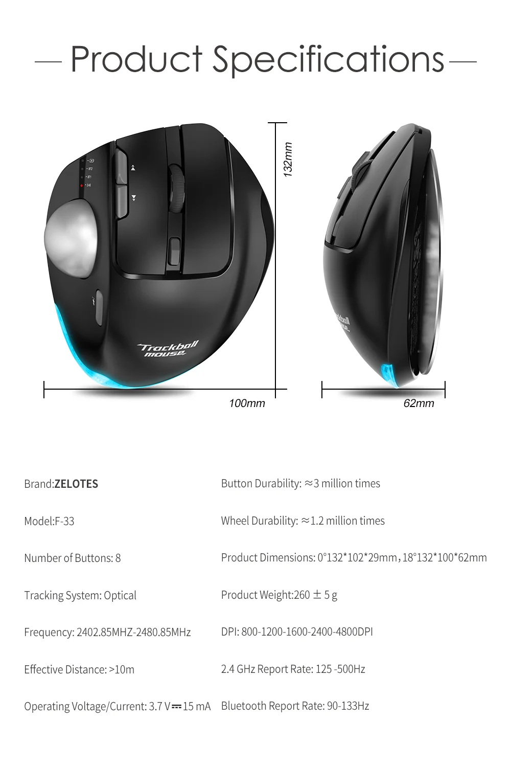 ZELOTES F33 3D Trackball Mouse - Ergonomic & Programmable