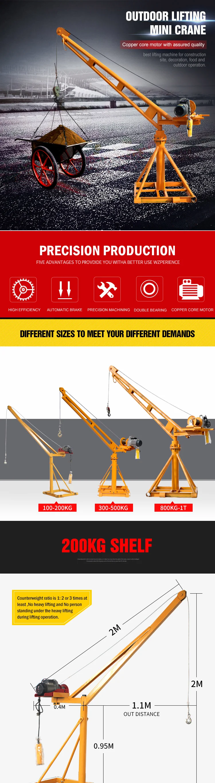 200kg Portable Crane - 360 Degree Rotating Electric Hoist