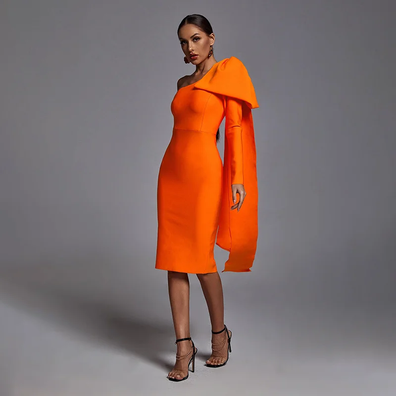 Beishi New Orange Solid Bowknot Bandages Dresses For Women Evening One Shoulder Sexy Club Party